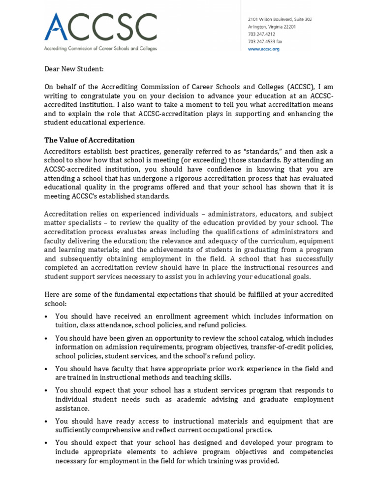 ACCSC New Student Letter | PDF | Employment | Behavior Modification