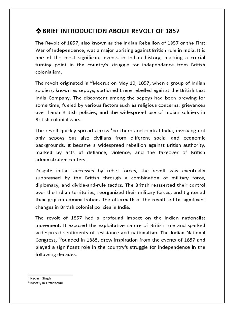 Brief Introduction About Revolt of 1857 | PDF | Indian Rebellion Of ...