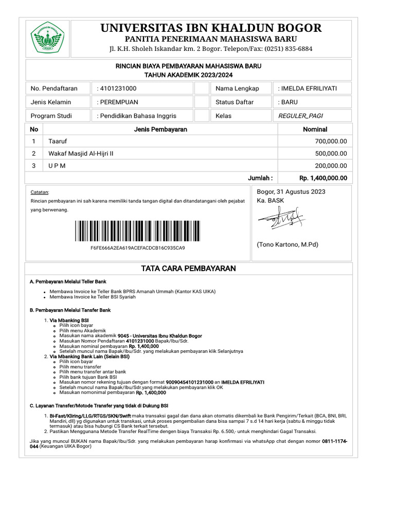 Invoice Pembayaran Mahasiswa Baru | PDF