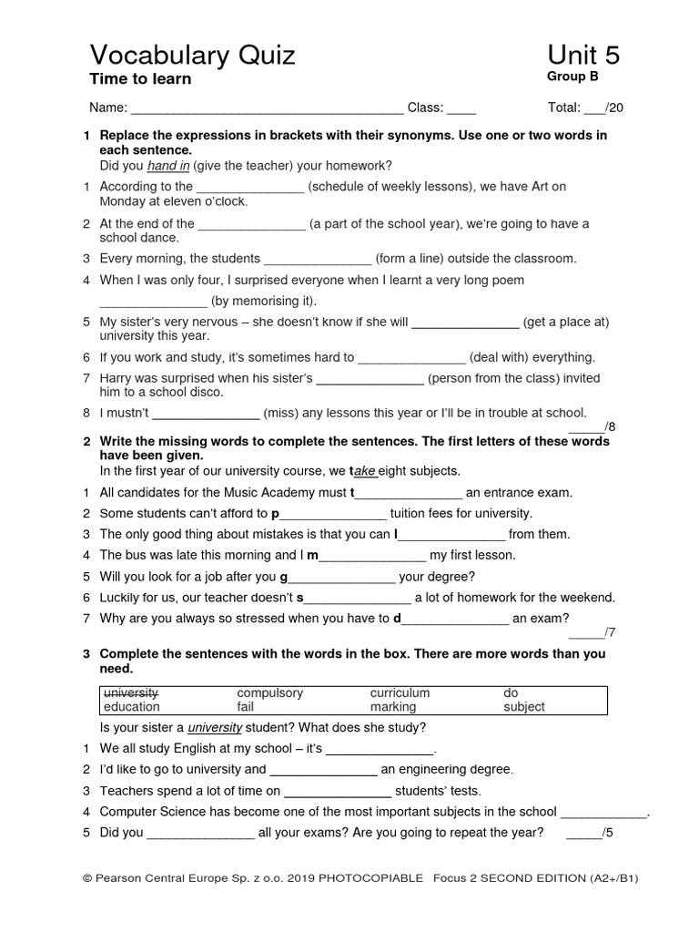 Focus 2 2ed Vocabulary Quiz Unit5 GroupB | PDF | Schools | Teachers