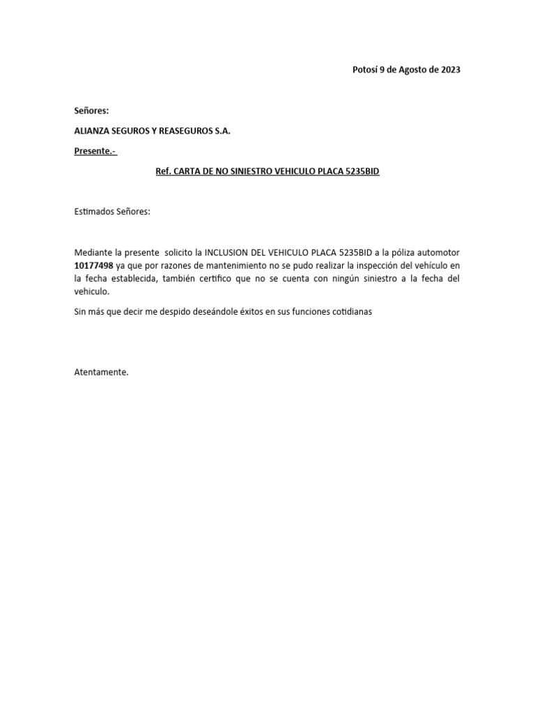 Carta de No Siniestralidad | PDF