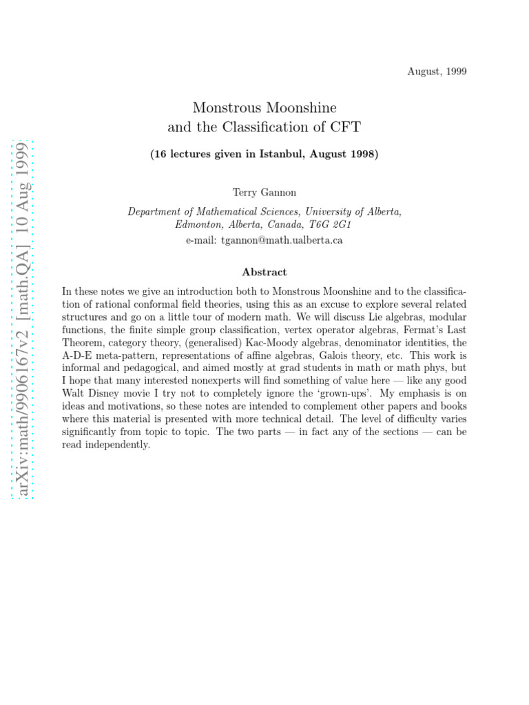 Monstrous Moonshine and The Classification of CFT | PDF ...