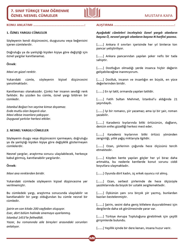 7. SINIF ÖZNEL NESNEL CÜMLELER - TAM ÖĞRENME | PDF