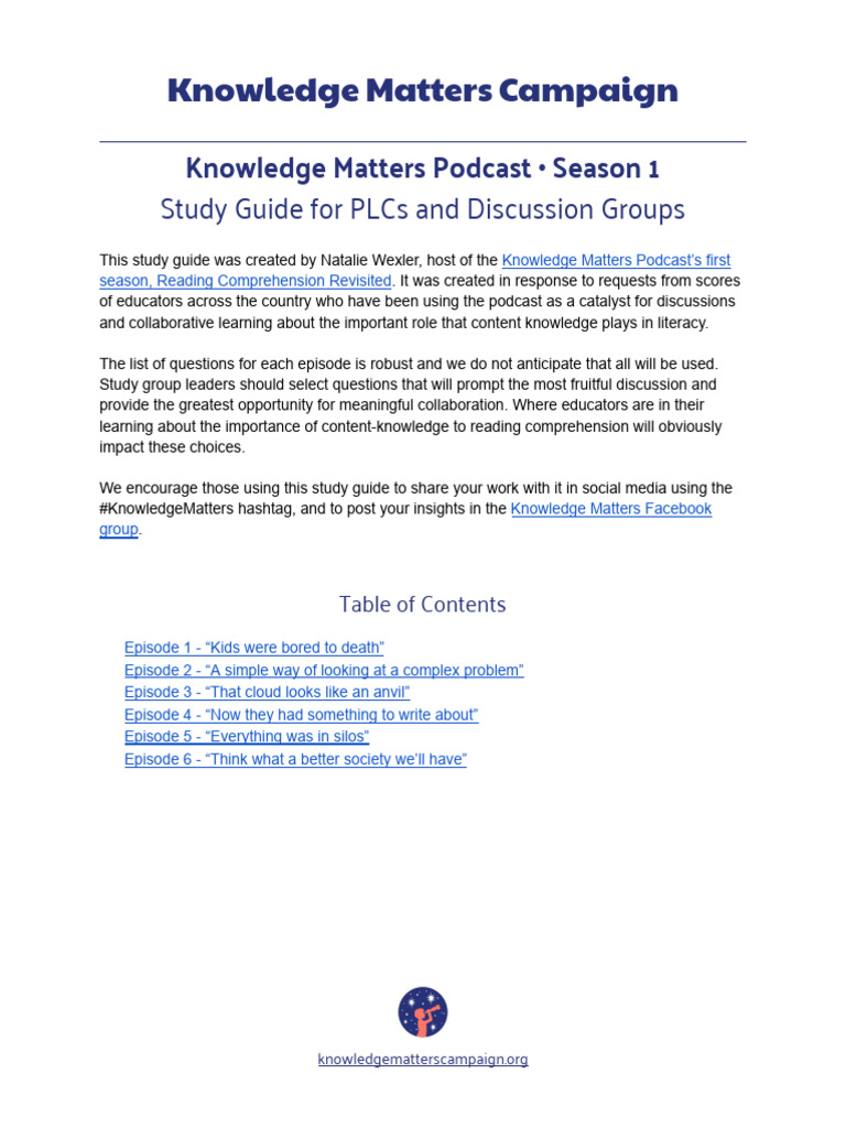 Study Guide For Knowledge Matters Podcast - Season 1 | PDF | Reading ...