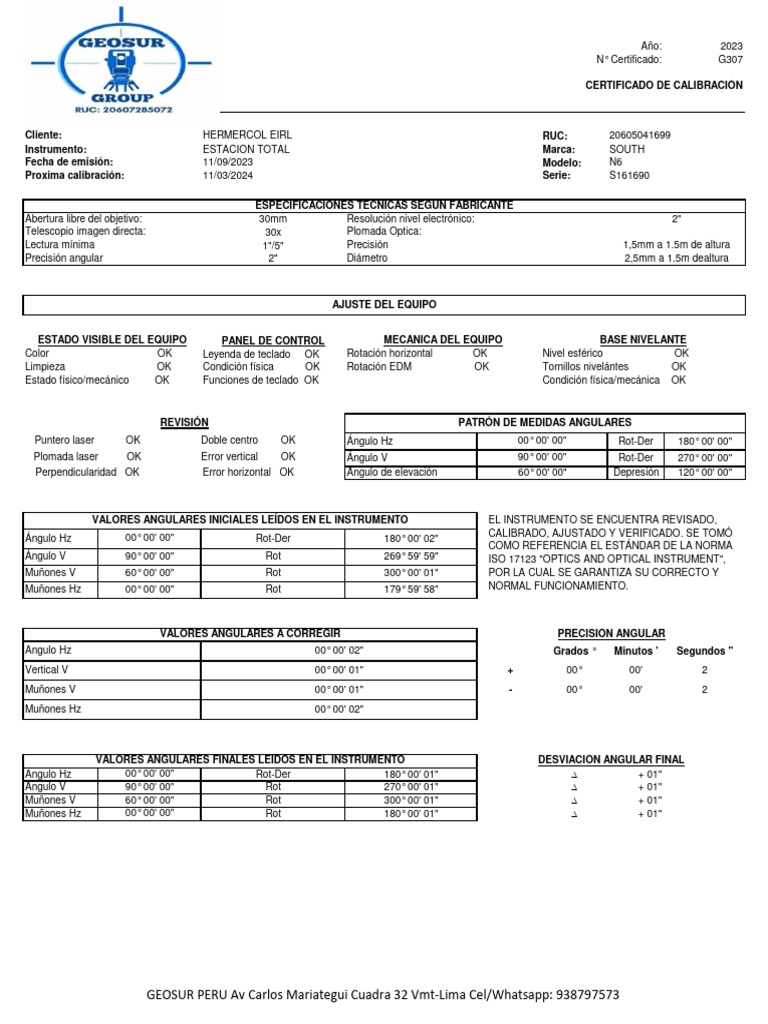 GEOSUR-2023-XX - G307 Certificado de Calibración | PDF | Calibración ...
