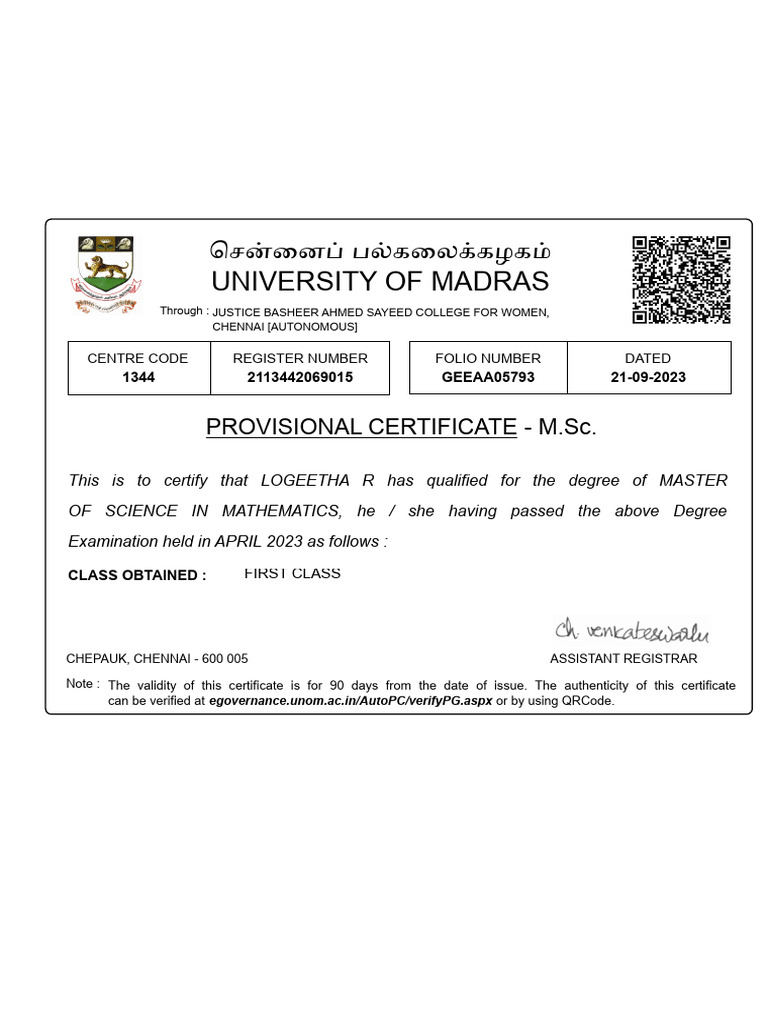 M.Sc. Provisional Certificate 2023 | PDF
