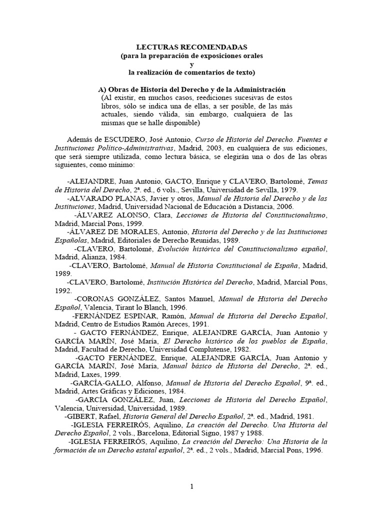 LECTURAS Recomendadas en HISTORIA DEL DERECHO, para Exposiciones Orales y Comentarios de Texto ...