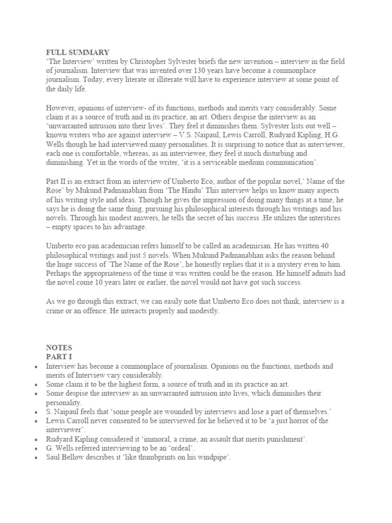 The Interview Notes | PDF | Novels | Reason
