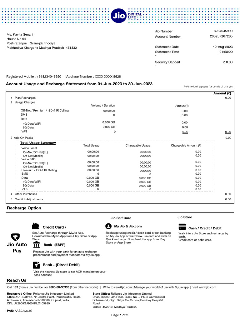 Account Usage and Recharge Statement From 01-Jun-2023 To 30-Jun-2023 | PDF | Debit Card | Credit ...