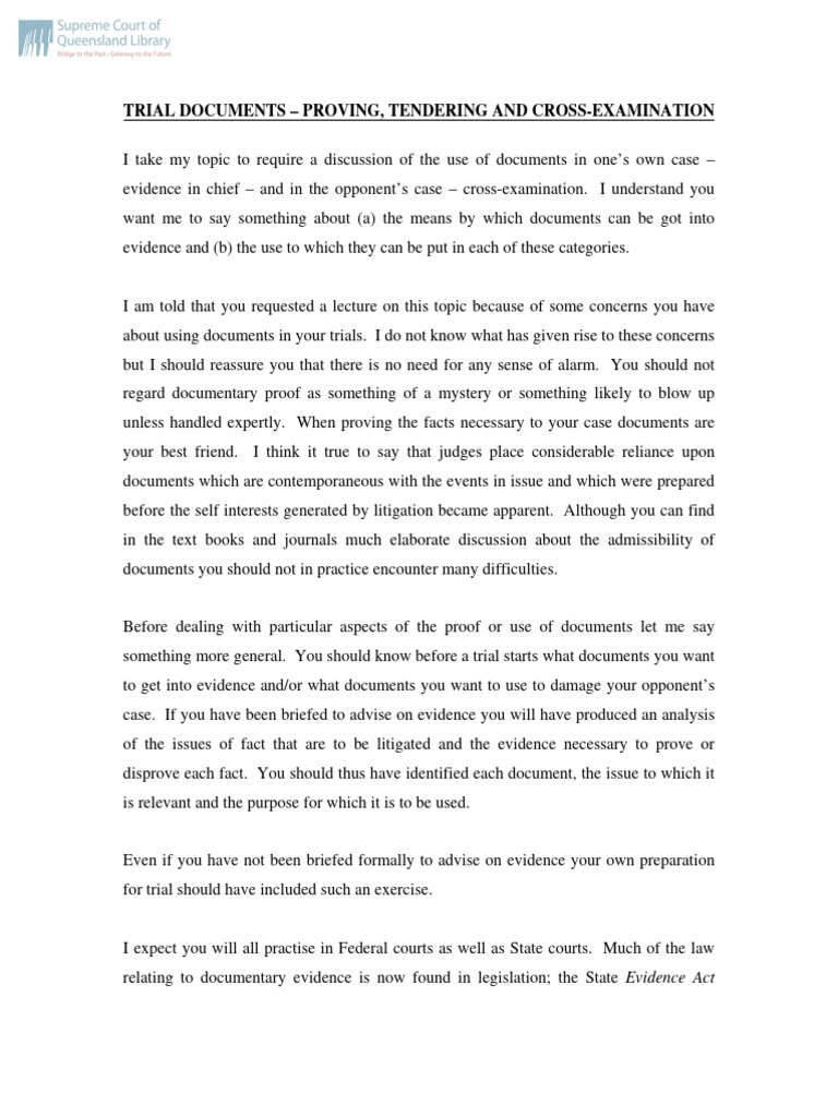 Trial Documents - Proving, Tendering and Cross-Examination | Download ...