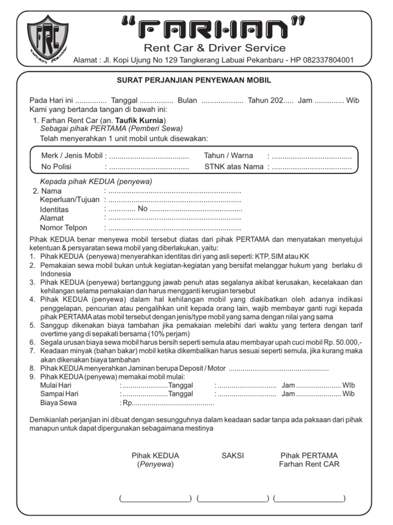 Surat Sewa Mobil Jadi | PDF