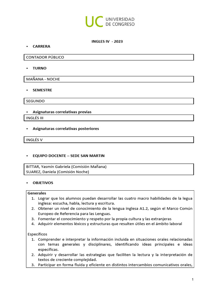 Programa Ingles IV 2023 Uc | PDF | Lingüística | Comunicación humana