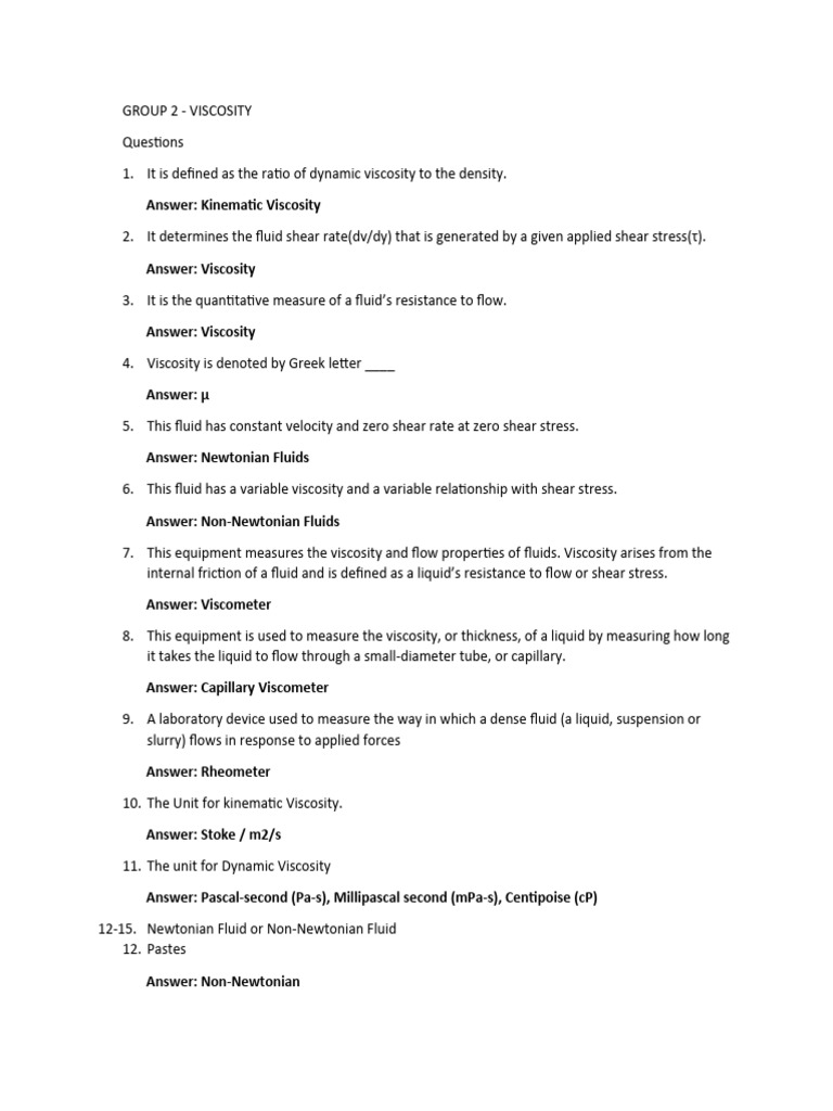 Group2 Viscosity Questions | PDF | Viscosity | Shear Stress