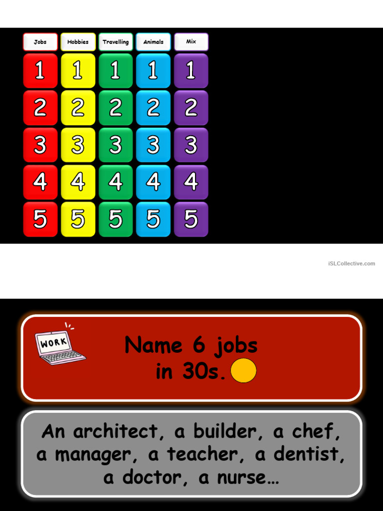 Jeopardy Quiz (A2) - Jobs, Hobbies, Travel and Animals | PDF