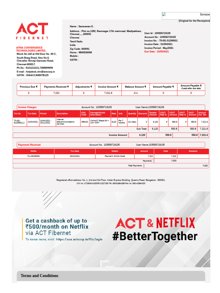 1. ACT INTERNET INVOICE | PDF | Invoice | Cheque
