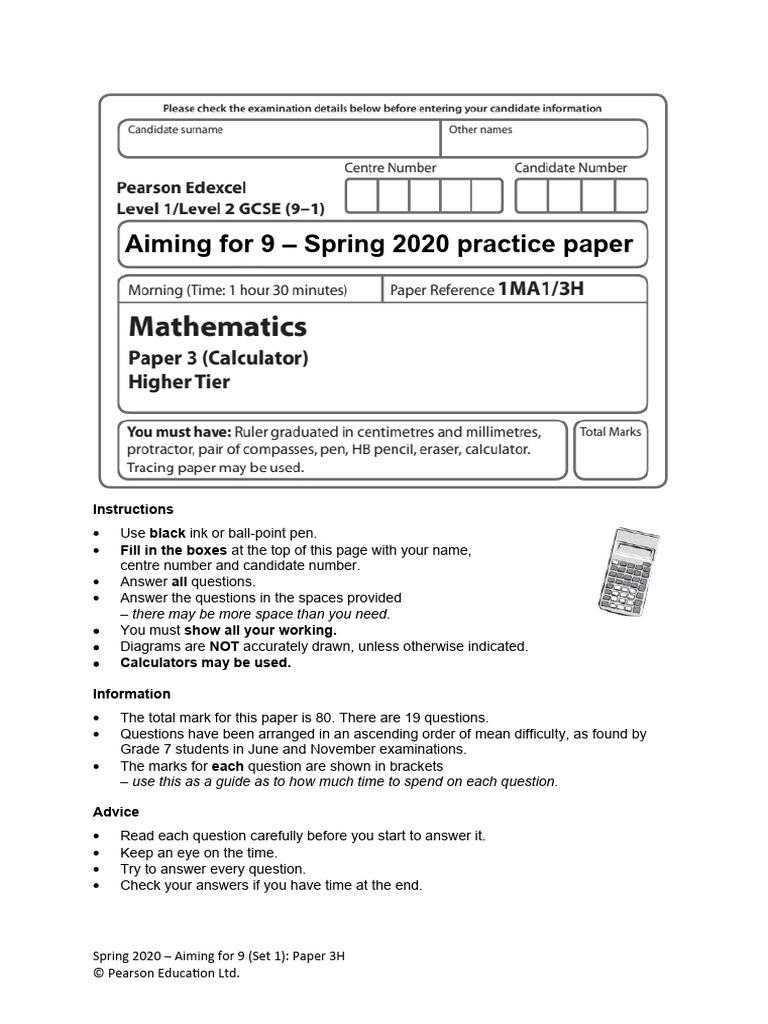 Aiming for 9: Spring 2020 Paper 3H | PDF | Ratio | Area