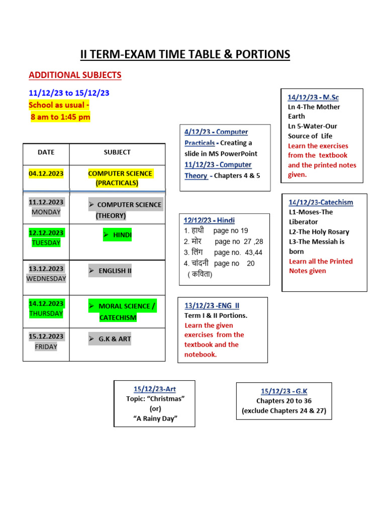 Term 2 Timetable & Portions | PDF