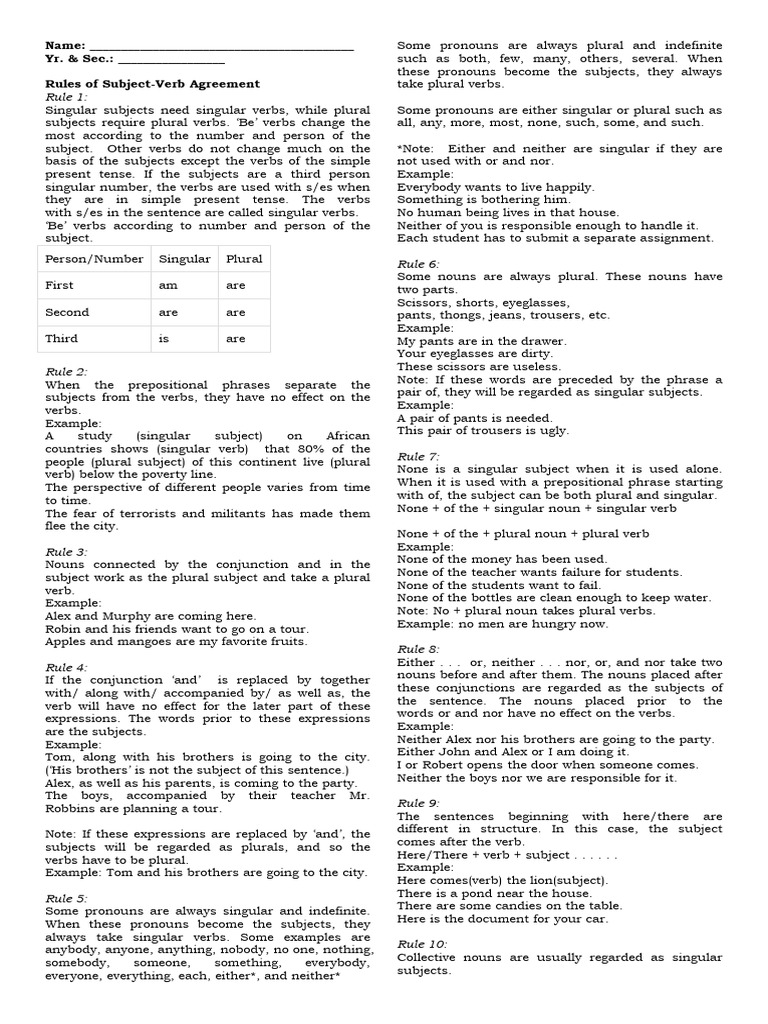 SVA Handout | PDF | Grammatical Number | Plural