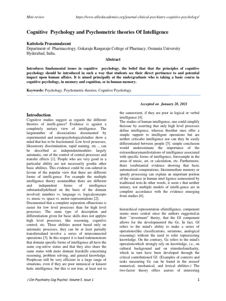 Cognitive Psychology and Psychometrictheories of Intelligence | PDF | Intelligence | Cognition