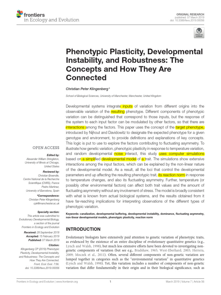2019 - Phenotypic Plasticity Develop Instab and Robustness - Klingenberg | PDF | Phenotype ...