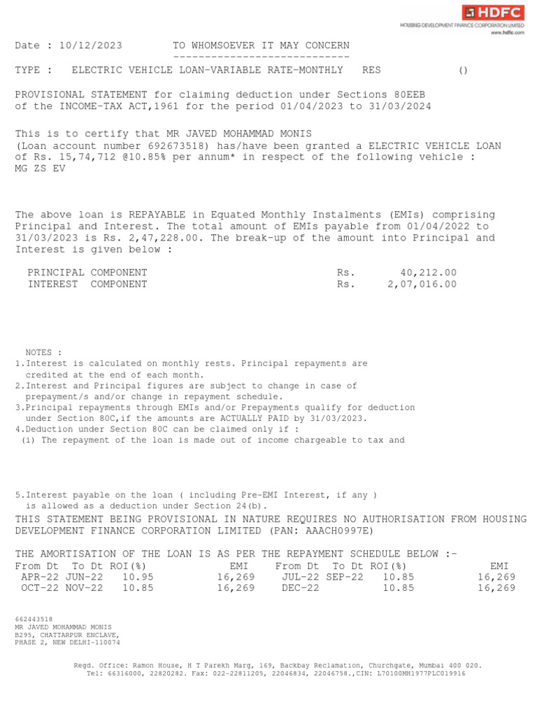 Electric Vehicle Loan Certificate | PDF | Loans | Tax Deduction
