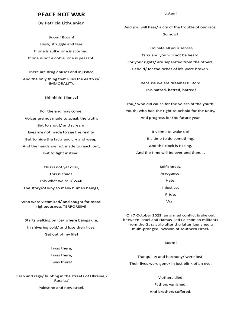 Peace Not War: by Patricia Lithuanian | PDF | Hamas | Arab–Israeli Conflict