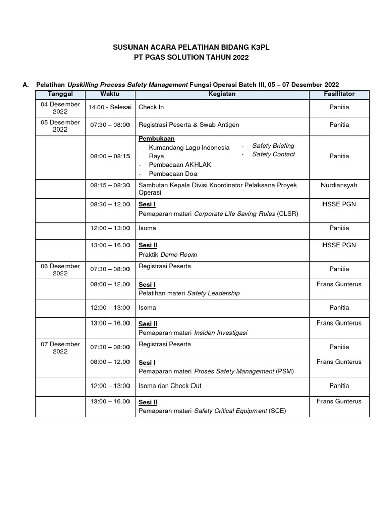 Susunan Acara Pelatihan Bidang K3PL PGASOL 2022 | PDF