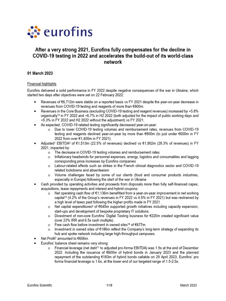 Eurofins 2022 Full Year Results Press Release - Final | PDF | Free Cash Flow | Bonds (Finance)