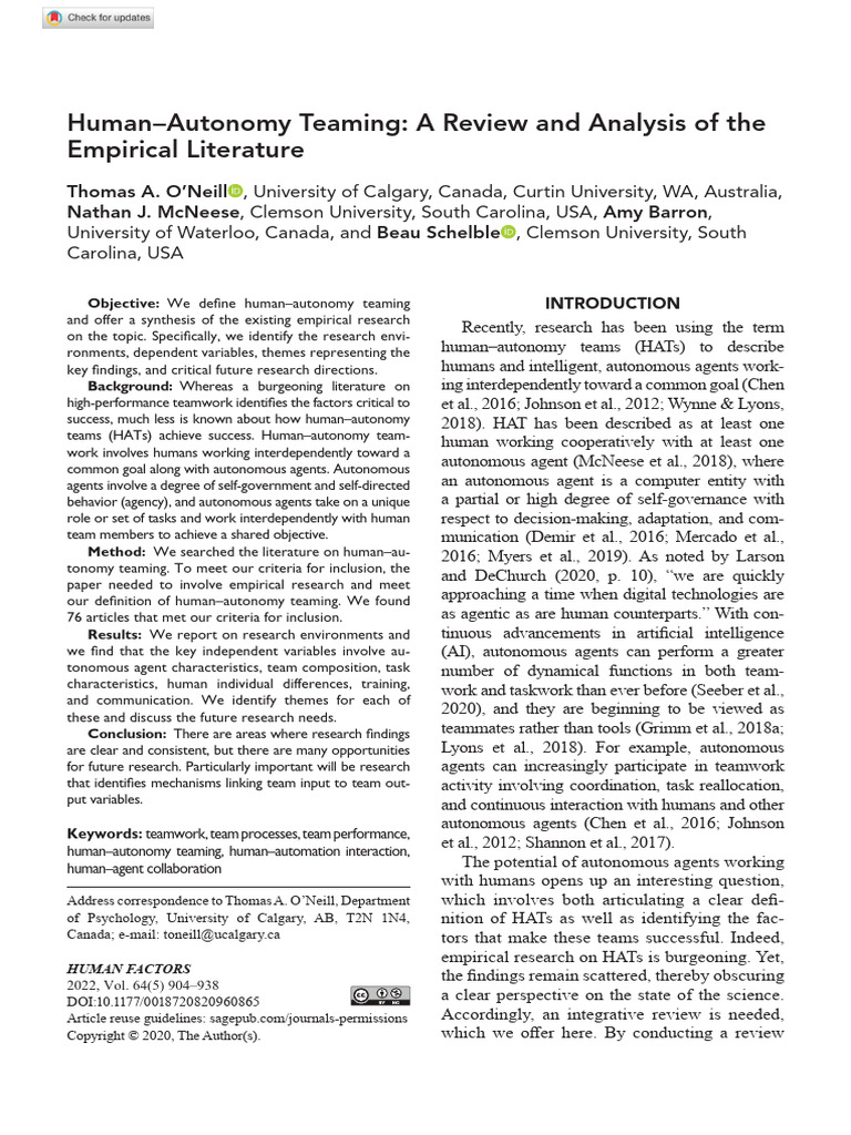 O Neill Et Al 2020 Human Autonomy Teaming A Review And Analysis Of The Empirical Literature