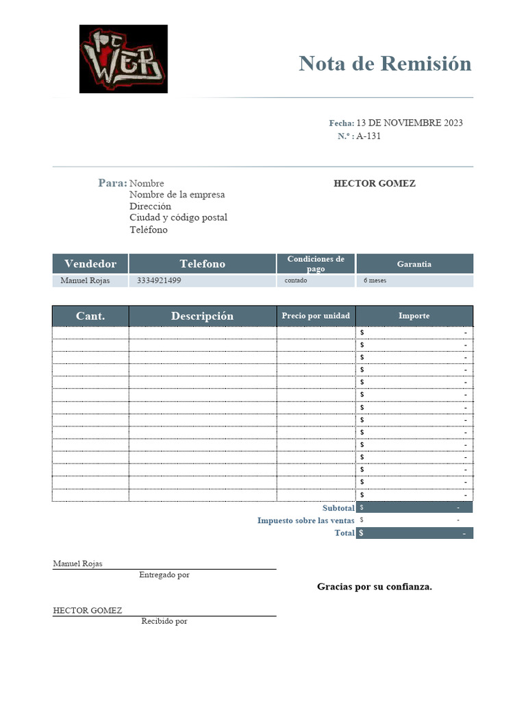 Nota de Remisión Editable para Imprimir | PDF