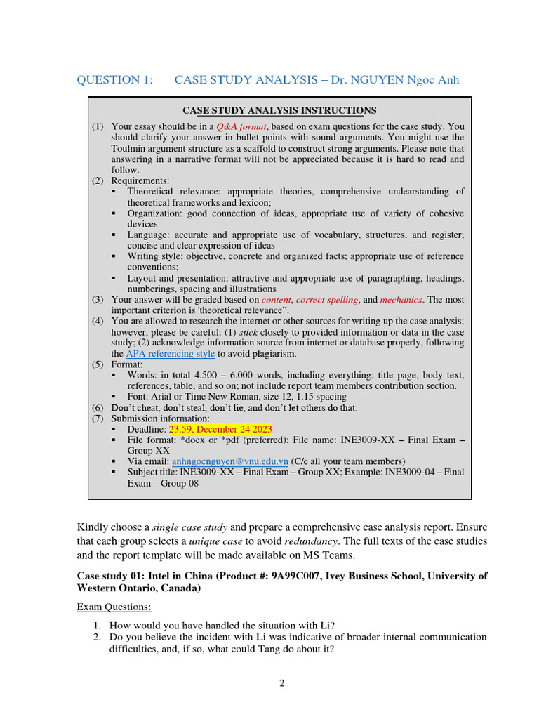 INE3009 International Project Management - Final Exam - Instructions ...