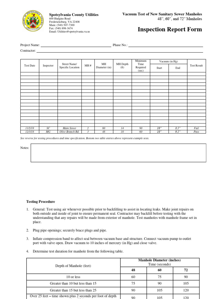 Manhole Vacuum Testing Procedure Report | PDF | Gases | Manufactured Goods