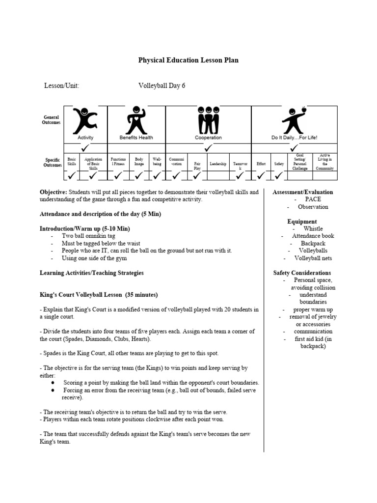 Pe Lesson Plan Volleyball Day 6 | PDF | Volleyball | Lesson Plan