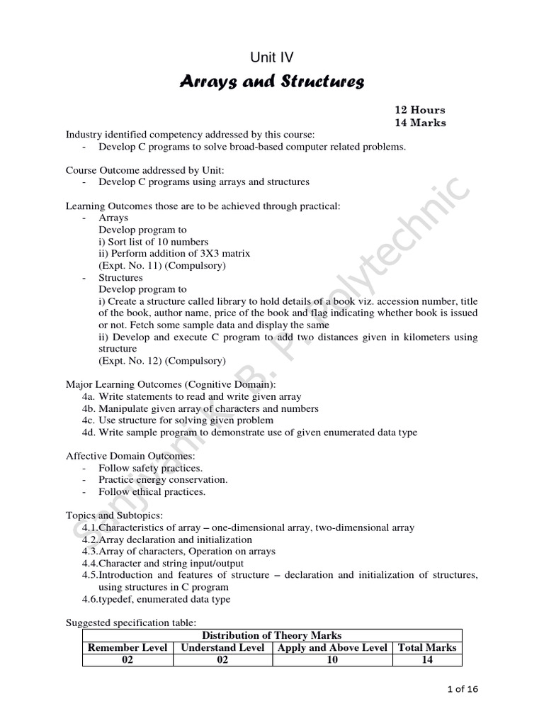 Unit Iv Array And Structure Pdf Computer Science Computer Programming