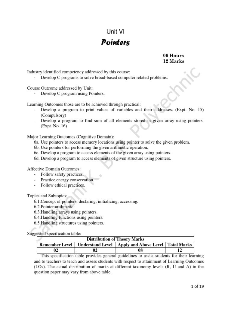 Unit Vi Pointers | Download Free PDF | Pointer (Computer Programming) | Variable (Computer Science)