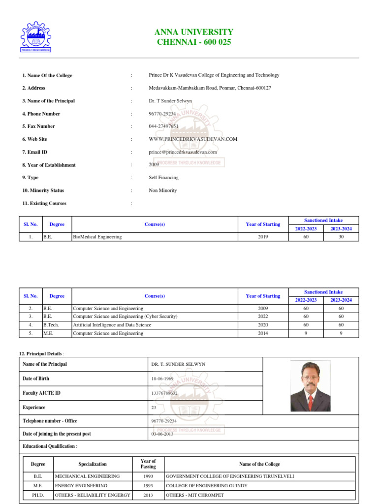 Prince Dr. K. Vasudevan College of Engineering and Technology | PDF ...