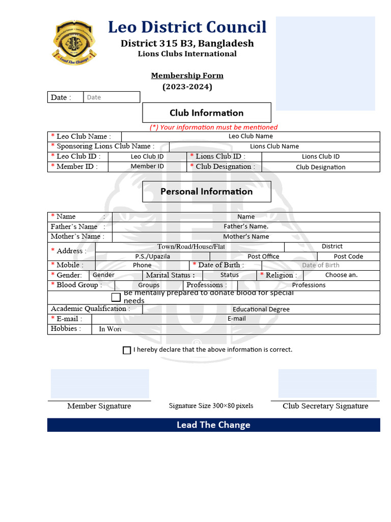 Leo Club Membership Application Form | PDF | Sports & Recreation