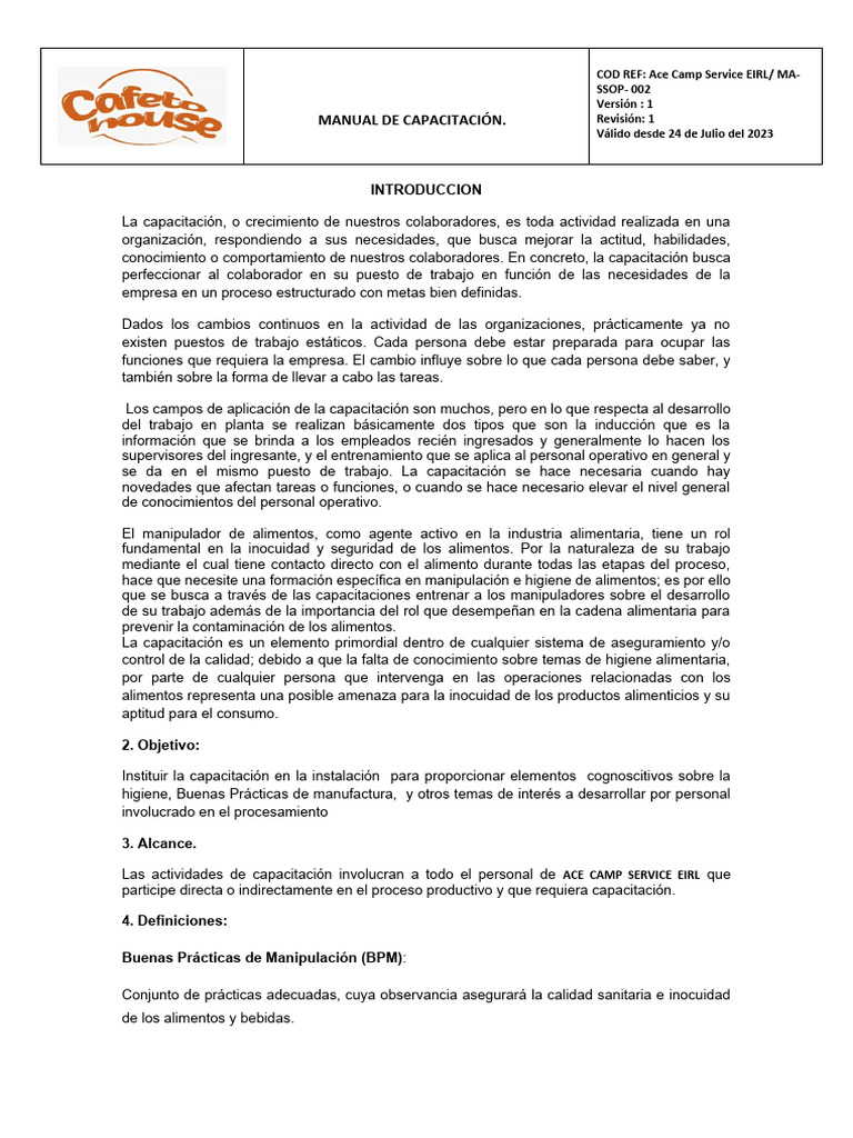 Manual de Capacitacion | PDF | Alimentos | Seguridad alimenticia