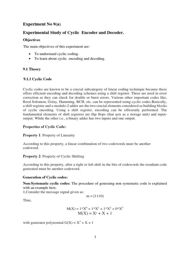 Experiment No 9 (A) Experimental Study of Cyclic Encoder and Decoder | Download Free PDF ...