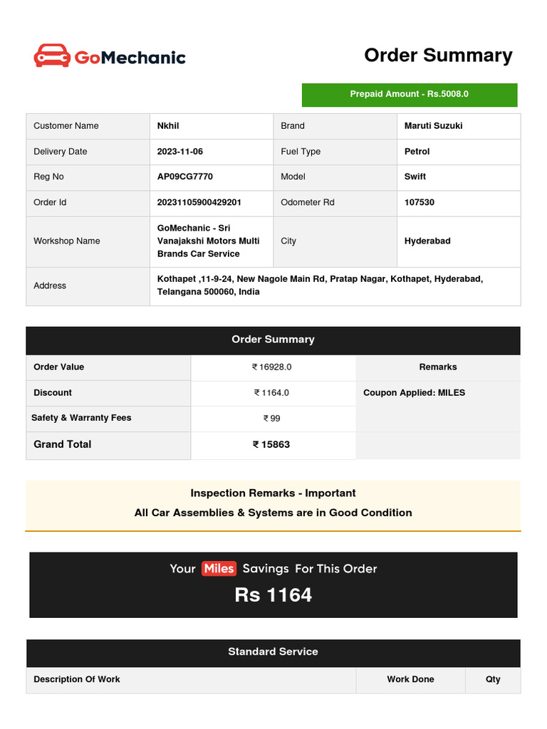 GoMechanic Order Summary for Swift | PDF | Brake | Car