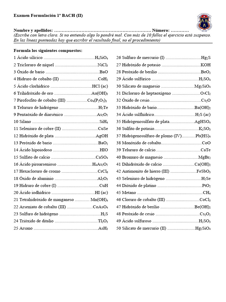 Examen Formulación Inorg Bach II SOLUC | PDF | Hidróxido | Ácido