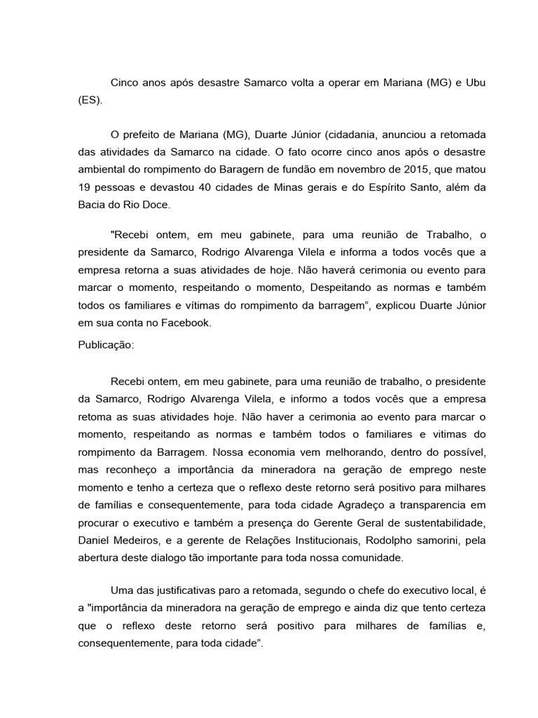 Retorno da Samarco após cinco anos | PDF