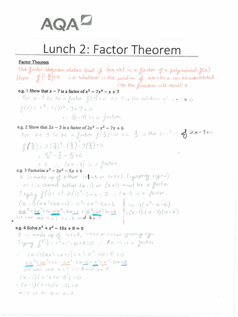 Notes 2 Factor Theorem For Further Maths | PDF