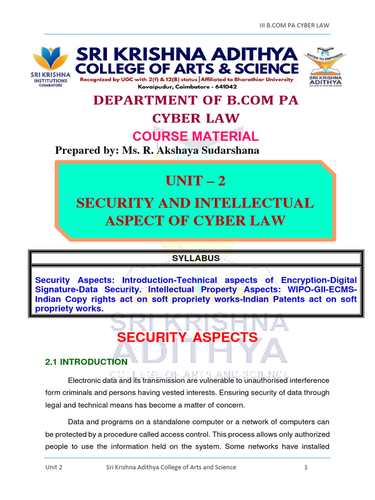 UNIT 2 CYBER LAW NOTES -2022 | PDF | Public Key Cryptography | Cryptography