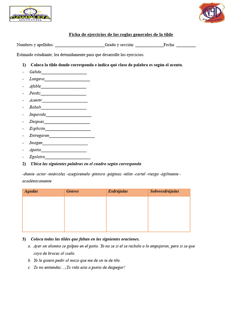Ficha de ejercicios de las reglas generales de la tilde | PDF