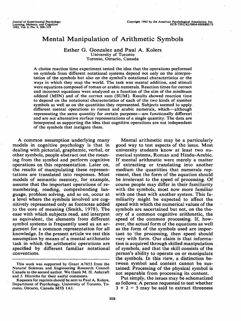 Mental Manipulation of Arithmetic Symbols: Esther G. Gonzalez and Paul ...