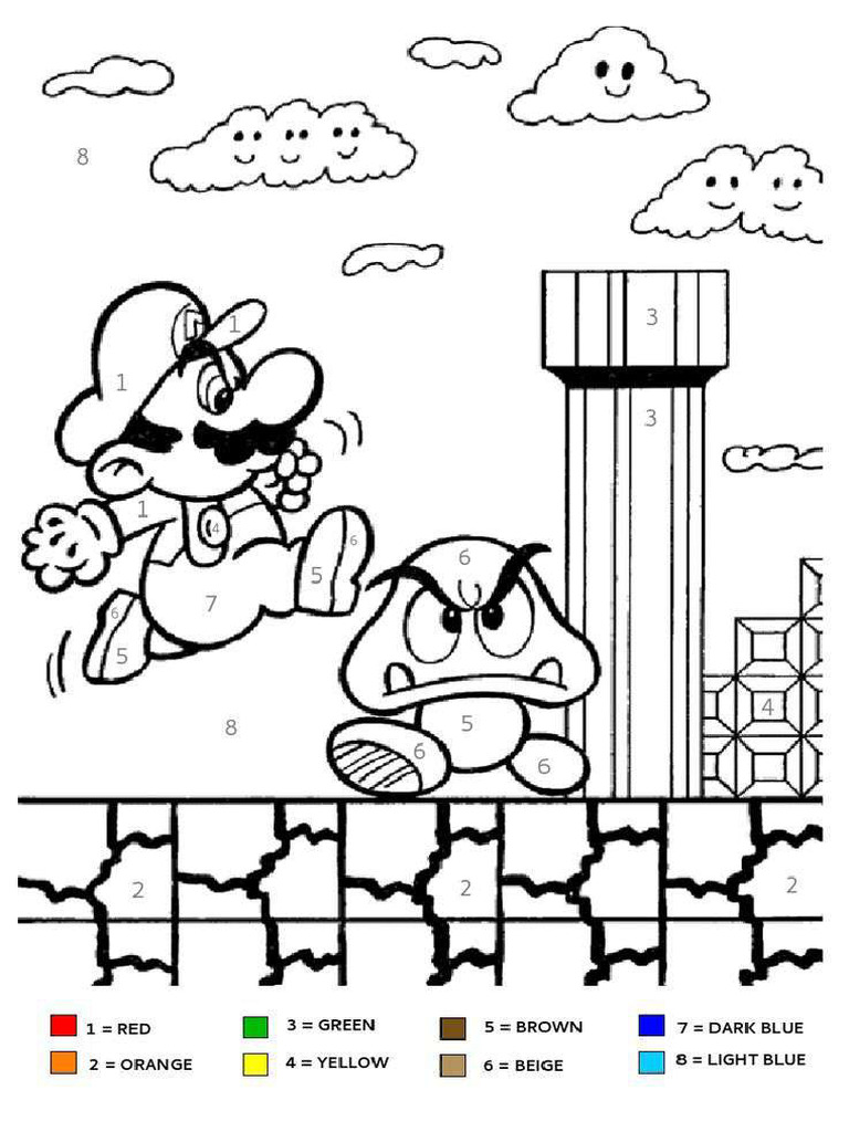 Super Mario Brothers Kids Color by Number Coloring Page - Good For ...
