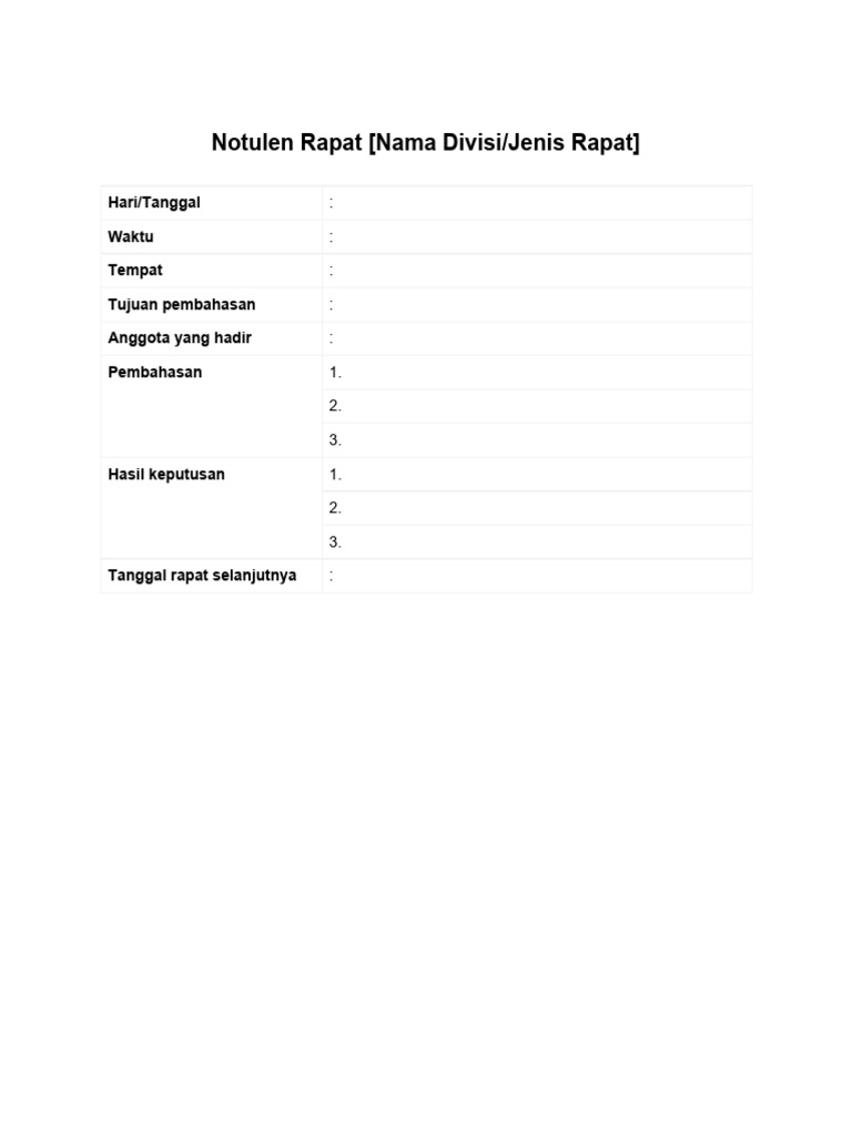 Template Notulen Rapat Yang Umum Digunakan - Bahasa Indonesia | PDF