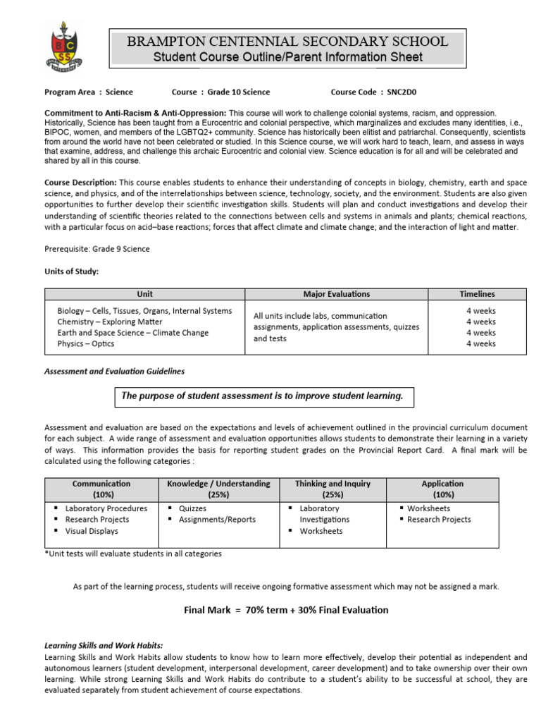 Course Outline SNC2D 2022 | PDF | Educational Assessment | Science