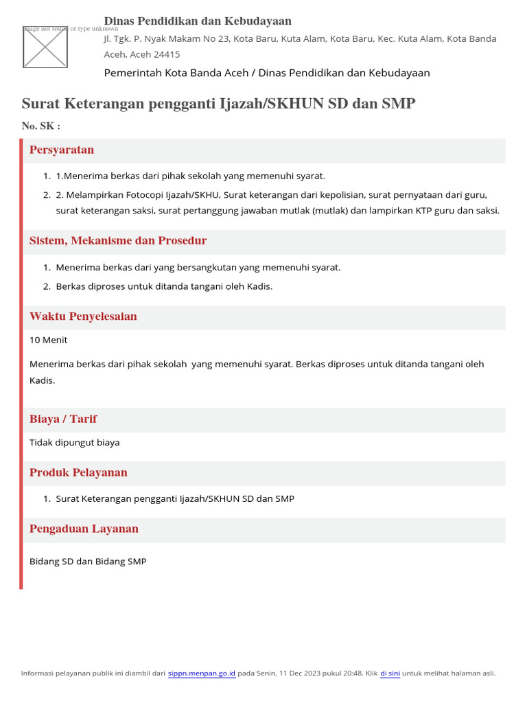 Unduh Standar Pelayanan - Surat Keterangan Pengganti Ijazah SKHUN SD Dan SMP | PDF